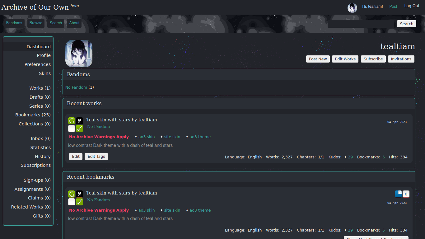 [AO3 skin] Teal skin with stars - tealtiam - No Fandom [Archive of Our Own]